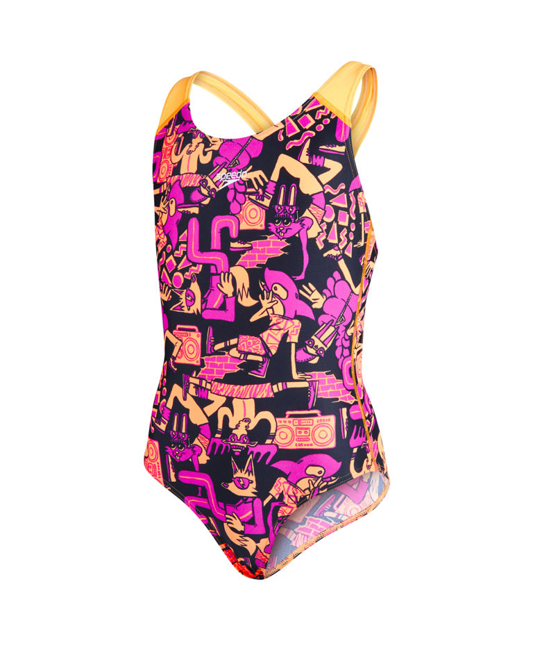 Speedo Girls Endurance Allover Splashback Print 24 Swimsuit Black Pink ...