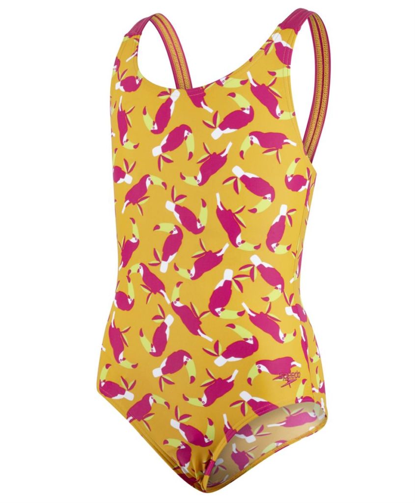 Speedo Samba Feathers Crossback Girls Swimsuit Orange Pink - Run Charlie