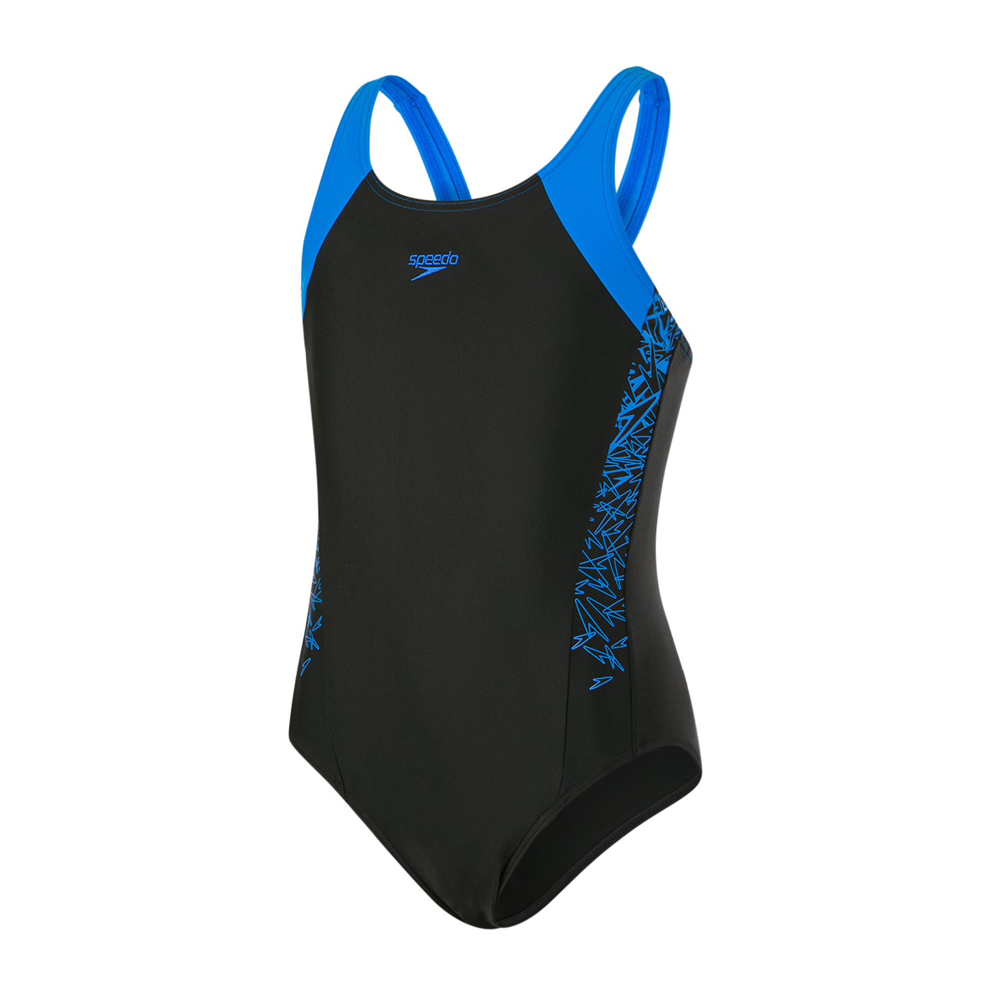 Speedo Boom Splice Muscleback Girls Swimsuit Black Blue Run Charlie