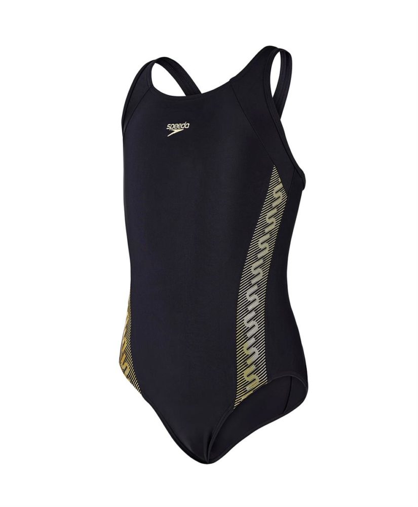 Speedo Monogram Muscleback Girls Swimsuit Black Gold - Run Charlie