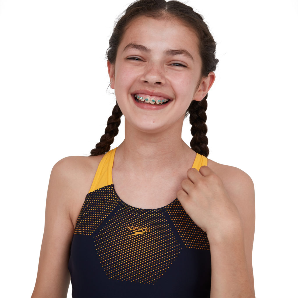 Speedo Tech Placement Muscleback Girls Swimsuit Navy/Orange - Run Charlie